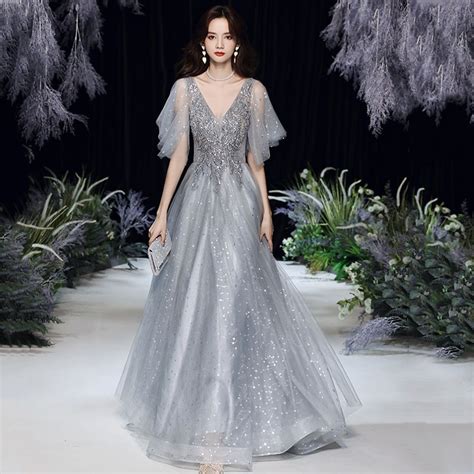 Dark Greyblack Starry Sky Banquet Evening Dress Temperament Flying