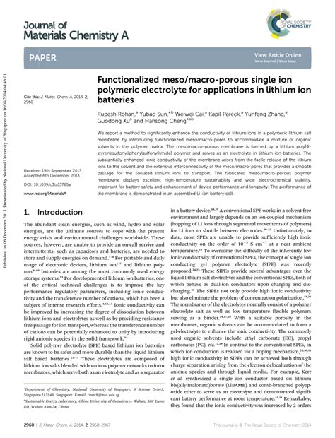 Pdf Functionalized Meso Macro Porous Single Ion Polymeric Electrolyte For Applications In