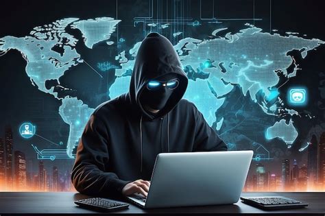 Premium Ai Image Hacker Cyber Criminal With Laptop And Related Icons