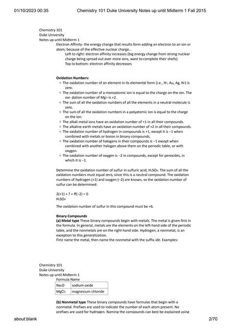 Solution Chemistry 101 Duke University Notes Up Until Midterm 1 Fall