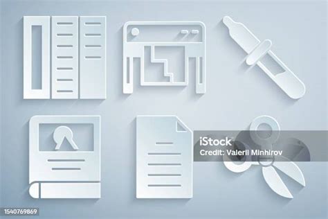 파일 문서 피펫 사진 앨범 갤러리 가위 플로터 및 브로셔 아이콘을 설정합니다 벡터 3차원 형태에 대한 스톡 벡터 아트 및 기타