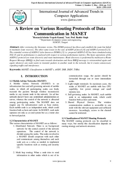 pdf a review on various routing protocols of data communication in manet