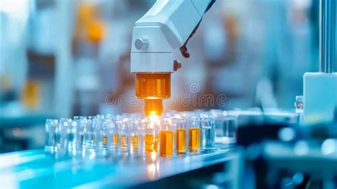 Robotic Arm Inspecting Product On Factory Conveyor Belt Stock