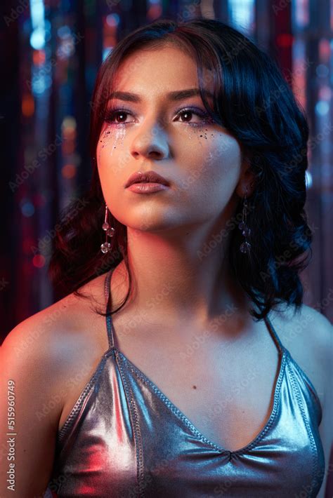 Portrait Of A Teenage Girl On A Prom Dance Floor Party Make Up Silver Rainbow Background Stock
