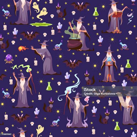 마녀와 마법이 어우러진 매끄러운 패턴 물약을 가진 마법사 또는 주문을 시전합니다 장식 직물 포장지 벽지 디자인 직물을 위한 할로윈 프린트 만화 평면 격리 벡터 개념