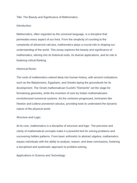 Title The Beauty And Significance Of Mathematics Introduction Mathematics Often Regarded As