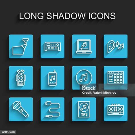 라인 마이크 오디오 잭 영화 스포트라이트 Mp3 파일 문서 Dj 리모컨 및 믹싱 음악 음악 플레이어 드럼 머신 및 음표 톤 아이콘을 설정합니다 벡터 Dj에 대한 스톡 벡터