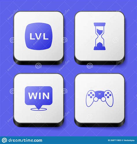 Set Level Game Old Hourglass Medal And Game Controller Or Joystick Icon White Square Button