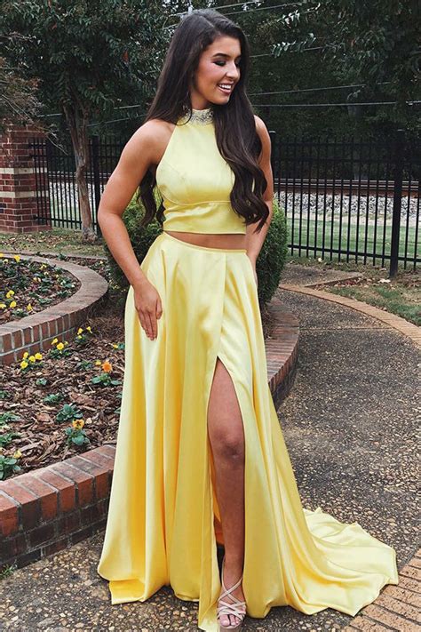 Bright Yellow Two Pieces Halter Neck Prom Dresses Beadings High Slit