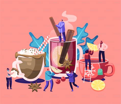 뜨거운 음료를 마시는 사람들 남성과 여성 캐릭터는 추운 가을과 겨울에 다른 음료를 선택합니다 빨대 레몬 슬라이스 바닐라