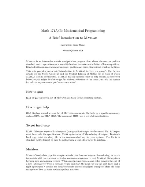 Notes On A Brief Introduction Of Matlab Mathematical Programming