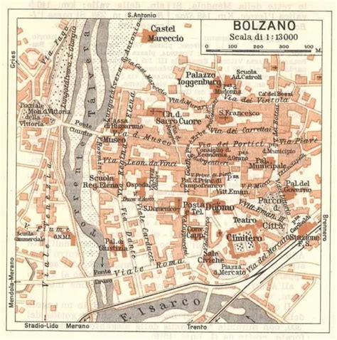 CARTA GEOGRAFICA ANTICA BOLZANO piccola pianta della città TCI 1937