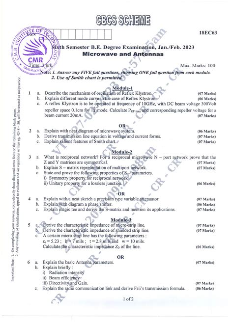 Vtu Question Paper Of 18ec63 Microwave And Antennas Jan Feb 2023 Microwaves And Antennas Vtu