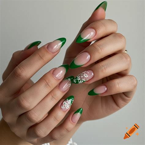 Almond Nails With Hollow Green French Tip And Small White Flowers On