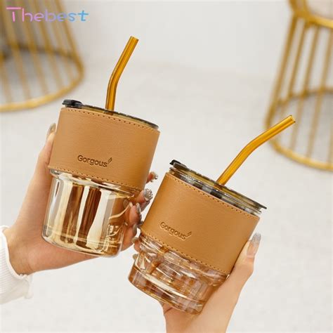 Glass Straw Cup Coffee Mug With Lid Tumbler Hot Cold Milk Tea Cup Water