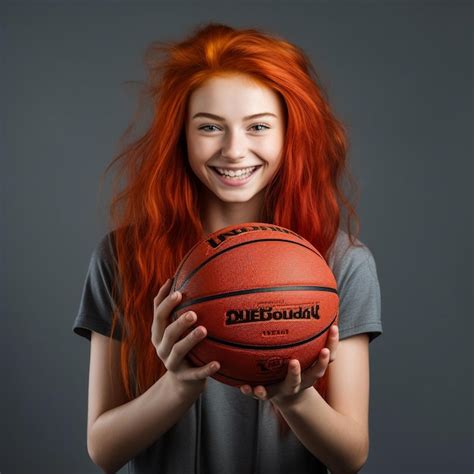 Premium Ai Image Photo Of Excited Red Hair Girl Holding A Basketball Ball