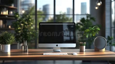 Modern Desk Setup With Computer Plants And Stylish Accessories Stock Illustration