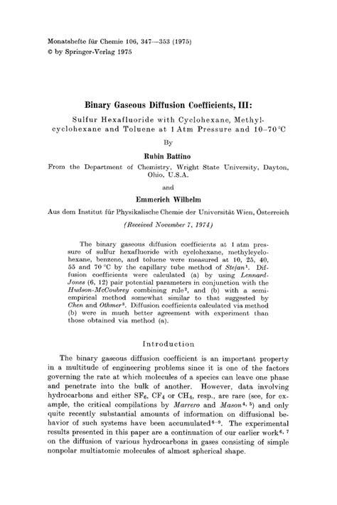 Pdf Binary Gaseous Diffusion Coefficients Iii Sulfur Hexafluoride