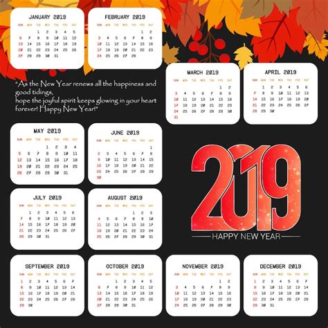 Free Vector 2019 Calendar Design With Black Background Vector