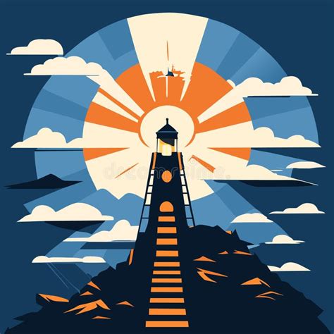 Lighthouse With Sun And Clouds Vector Illustration In Flat Style Stock Vector Illustration Of