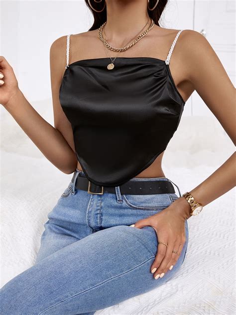 Guipure Lace Strap Curved Hem Satin Cami Top Satin Cami Top Satin