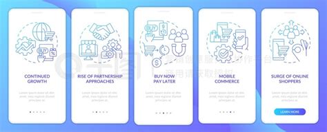Ui电商海报 Banner 零售策略趋势蓝色渐变进入移动应用程序屏幕。演练 5 个步骤的图形说明页面，包含线性概念。 Ui、ux、gui 模板。使用 Myriad Pro Bold