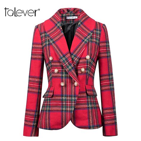 Women Winter Thick Warm Office Blazer Female Red Plaid Double Breasted