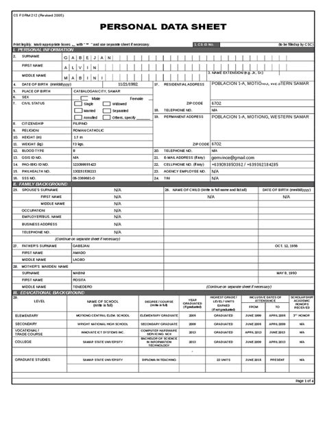 Cs Form 212 Pds Secondary School Social Institutions Free 30