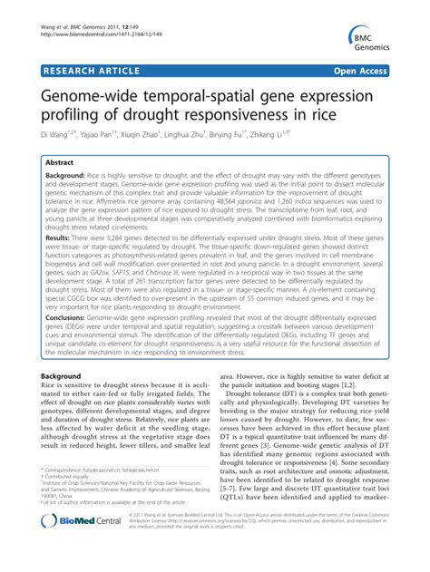 Pdf Genome Wide Temporal Spatial Gene Expression Profiling Of Drought Responsiveness In Rice