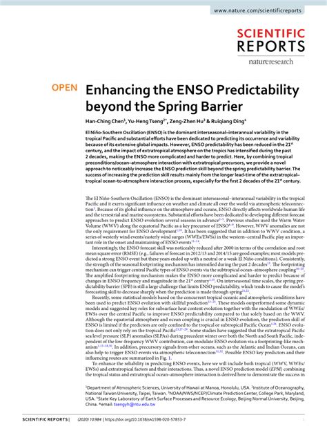 Pdf Enhancing The Enso Predictability Beyond The Spring Barrier