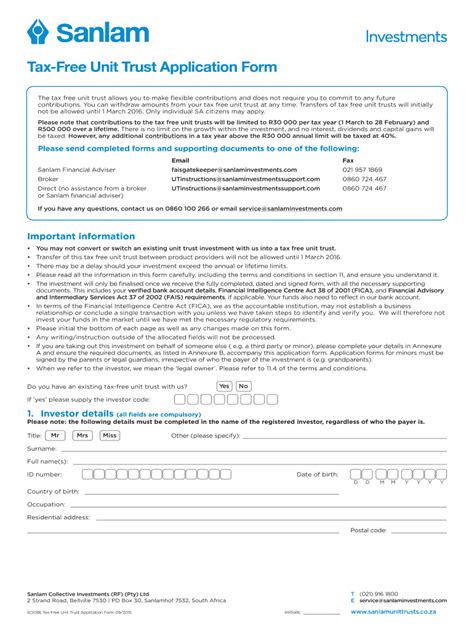 Fillable Online Tax Free Unit Trust Application Form Sanlam Wealthsmiths Fax Email Print