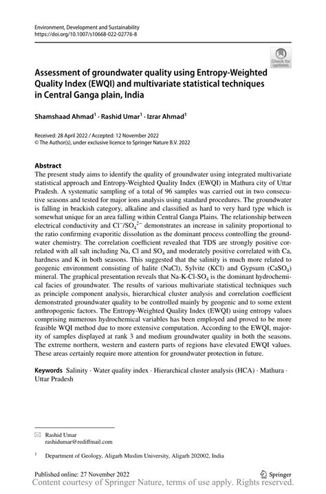 Assessment Of Groundwater Quality Using Entropy Weighted Quality Index Ewqi And Multivariate