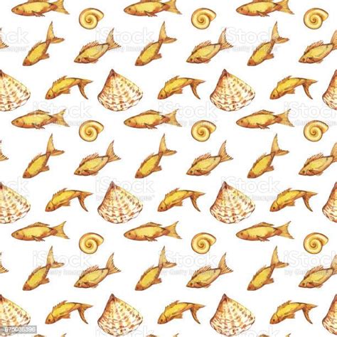手描き水彩のシームレスな魚パターン白い背景上に分離 イラストレーションのベクターアート素材や画像を多数ご用意 イラストレーション