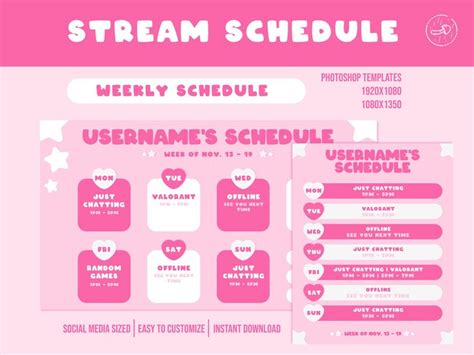 Stream Weekly Customizable Schedule Twitch Kick Social Media Weekly Stream Schedule Cute Pink