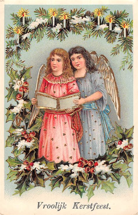 Fantasie Vintage Vroolijk Kersfeest Reliëfkaart Met Twee Engeltjes Kind Hc38879 House Of Cards