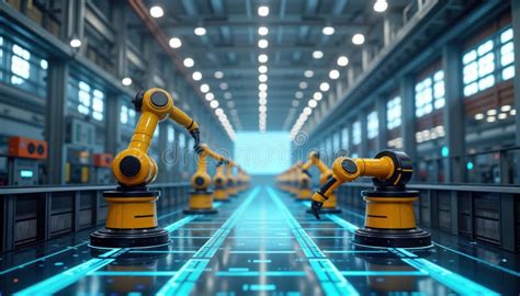 Futuristic Smart Factory Interior Shows Advanced Automation Yellow Robots Work In Line On Tech