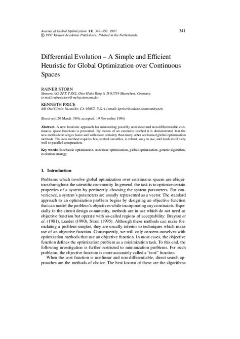 Pdf Differential Evolution A Simple And Efficient Heuristic For Global Optimization Over