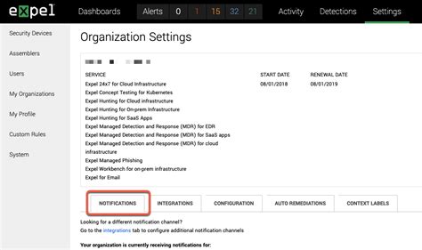 Organization Notifications Setup For Workbench Expel Support Center