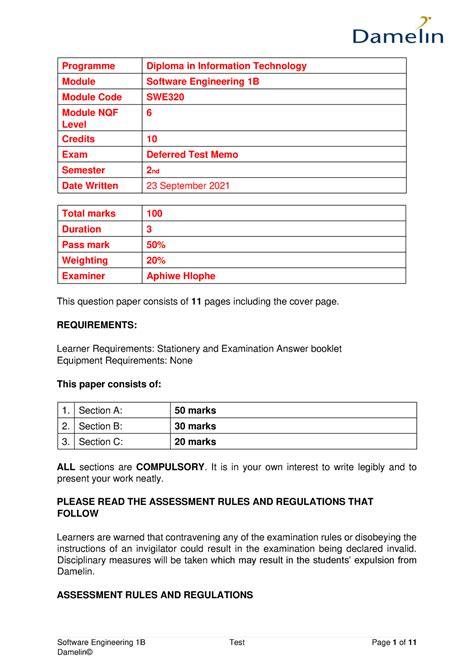 Software Engineering 1B Deferred Test Memo Software Engineering 1B