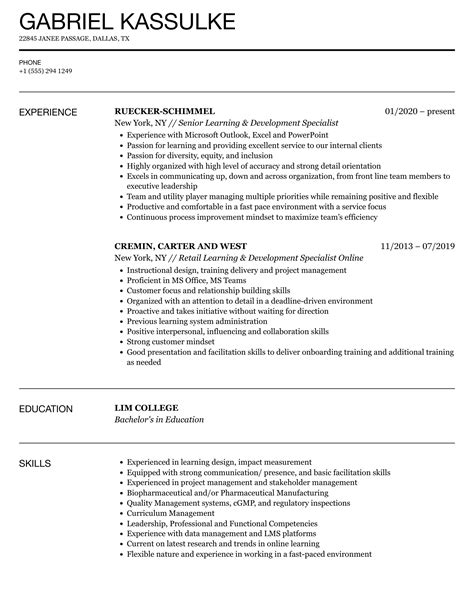 Learning Development Specialist Resume Samples Velvet Jobs