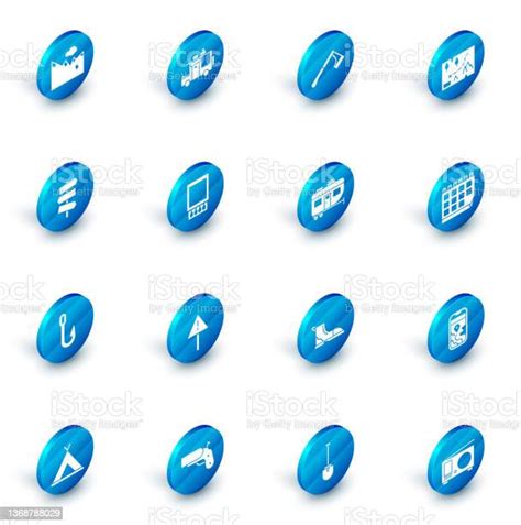 Rv 캠핑 트레일러 나무 도끼 위치가있는 접힌지도 도로 교통 표지판 낚시 후크 오픈 성냥갑 및 일치 캘린더 및 아이콘을 설정합니다 벡터 3차원 형태에 대한 스톡 벡터 아트