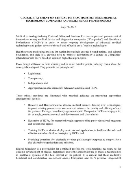 Global Statement On Ethical Interactions Between Medical Technology C
