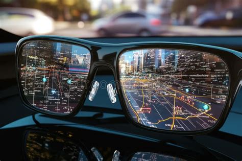 High Tech Glasses Reflecting A Cityscape At Sunset With Digital Overlays Of Navigation Stock