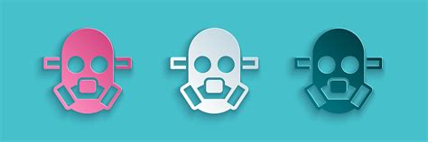 파란색 배경에 격리된 방독면 아이콘을 자른 용지 호흡보호구 표지판 종이 아트 스타일 벡터 3차원 형태에 대한 스톡 벡터 아트 및