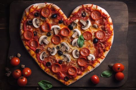 Heart Shaped Pizza With Pepperoni And Mushroom Toppings Stock