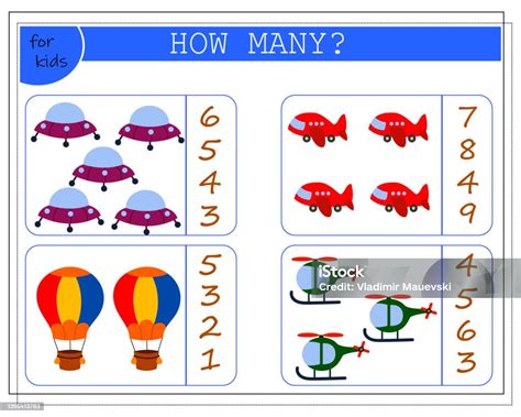 아이들의 수학 게임 그들 중 얼마나 많은 계산합니다 어린이 장난감 헬리콥터 비행기 풍선 로켓 벡터 개발에 대한 스톡 벡터 아트 및 기타 이미지 Istock