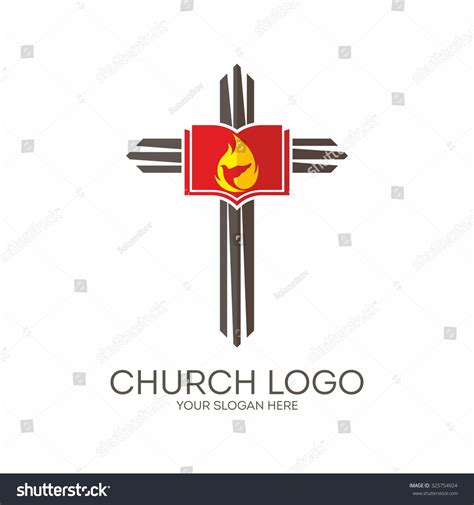 Church Logo Cross Flame Dove And Bible Stock Vector Illustration