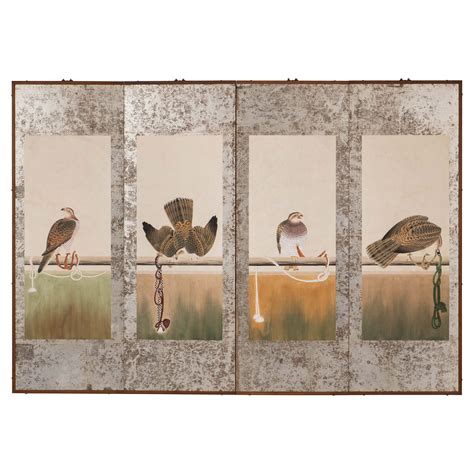 Hand Painted Japanese Folding Screen Byobu Of Lotus Pond And Mandarin