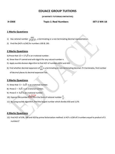 16 X Cbse Maths Ch 1 Real Numbers Revision Wk Set2 Wk 16 Pdf