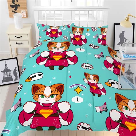 Colorful 3 Piece Duvet Cover Set Featuring Cartoon Cat Flying Car